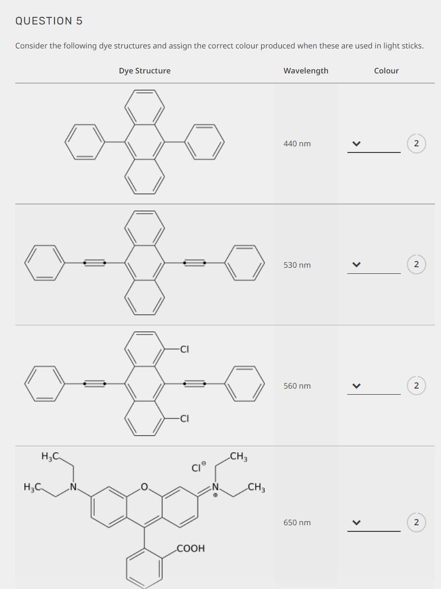 Solved QUESTION 5 Consider the following dye structures and | Chegg.com