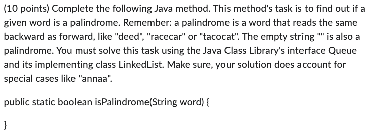 Solved (10 points) Complete the following Java method. This | Chegg.com