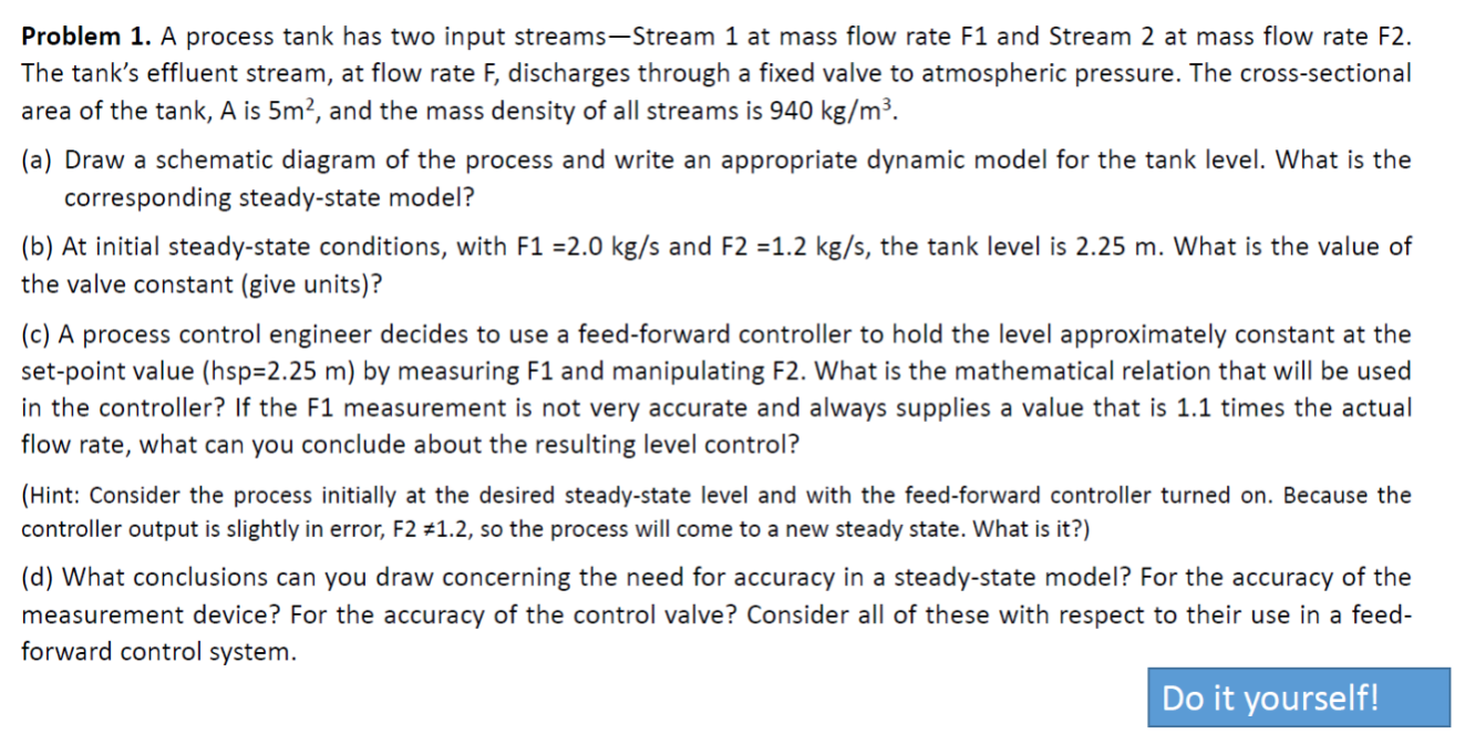 Solved Problem 1. A process tank has two input | Chegg.com