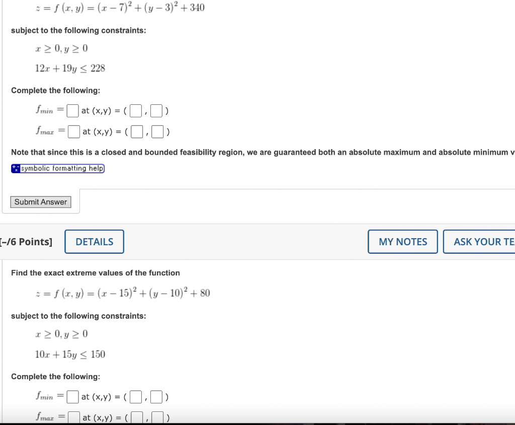 Solved z=f(x,y)=(x−7)2+(y−3)2+340 subject to the following | Chegg.com