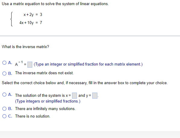 Solved Use a matrix equation to solve the system of linear | Chegg.com