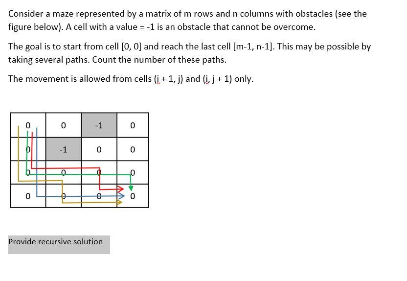 Solved Consider a maze represented by a matrix of m rows and | Chegg.com