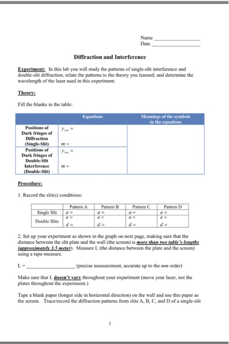 Name Date Diffraction and Interference Experiment: In | Chegg.com