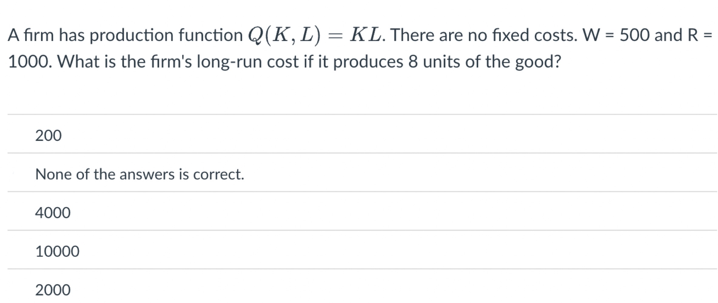 Solved A firm has production function Q(K,L)=KL. ﻿There are | Chegg.com