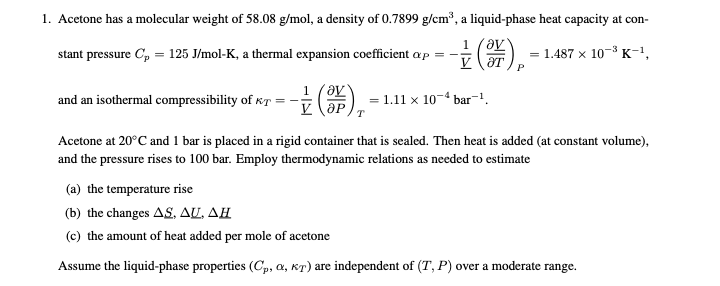 Solved 1. Acetone has a molecular weight of 58.08 g/mol, a | Chegg.com