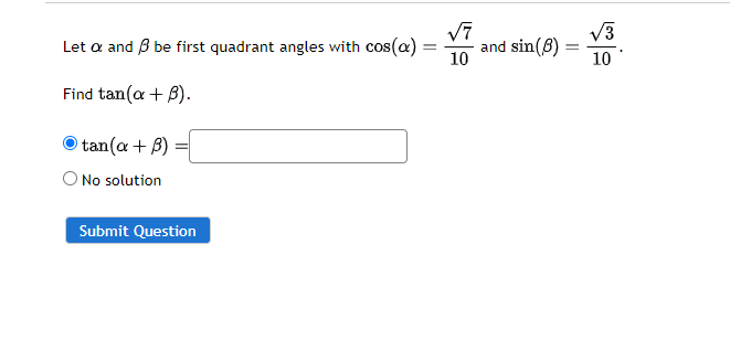 Solved Let α and β be first quadrant angles with cos(α)=107 | Chegg.com