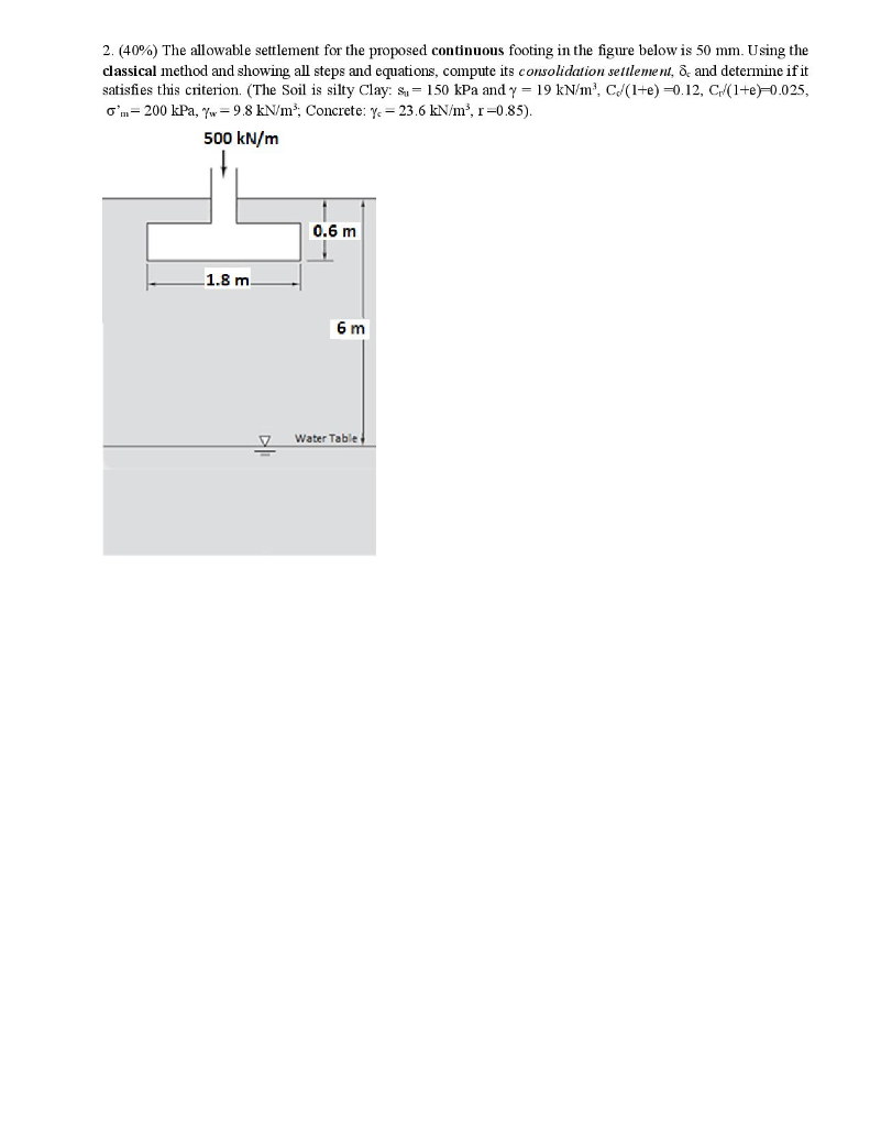 Solved 2. (40%) The allowable settlement for the proposed | Chegg.com