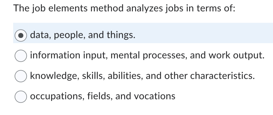 Solved The job elements method analyzes jobs in terms of: | Chegg.com