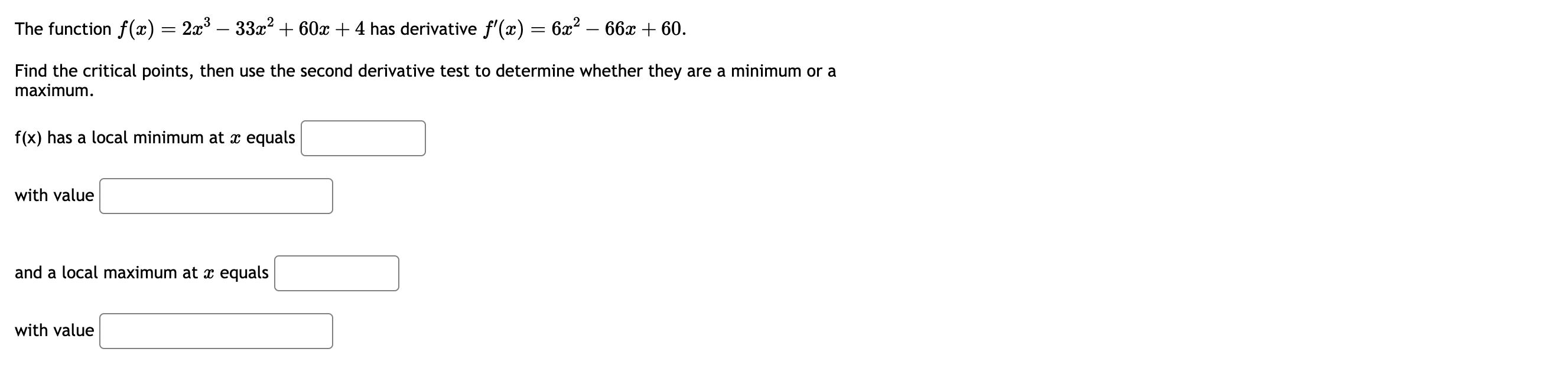 Solved The function f(x)=2x3-33x2+60x+4 ﻿has derivative | Chegg.com