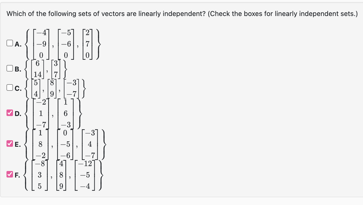 Solved Which of the following sets of vectors are linearly | Chegg.com