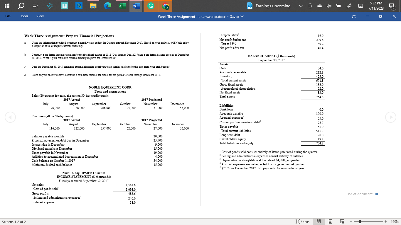 Solved Week Three Assignment: Prepare Financial Projections | Chegg.com