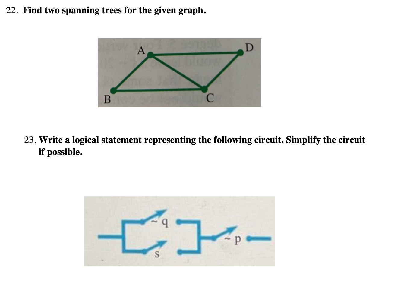 Solved 22. Find two spanning trees for the given graph. 23. | Chegg.com