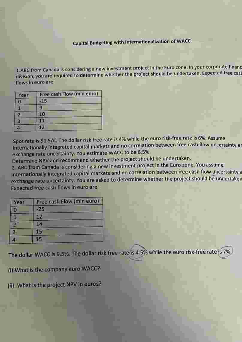 Solved Capital Budgeting with Internationalization of WACC1 | Chegg.com