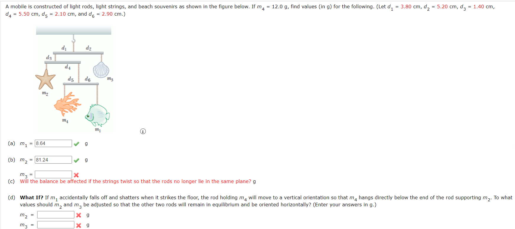 Solved A mobile is constructed of light rods, light strings, | Chegg.com
