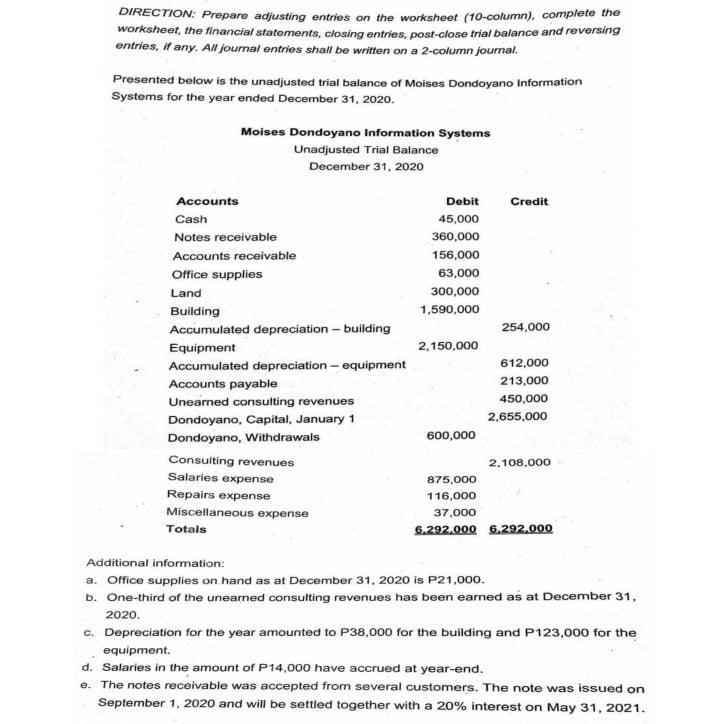 Solved DIRECTION: Prepare adjusting entries on the worksheet | Chegg.com