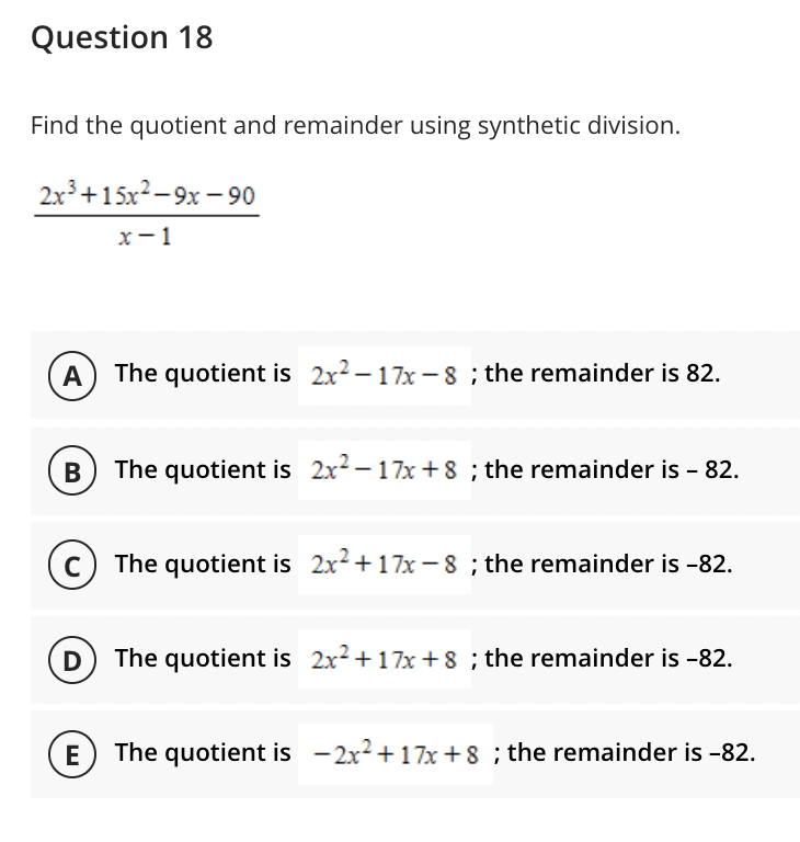 Solved Question 18 Find the quotient and remainder using | Chegg.com