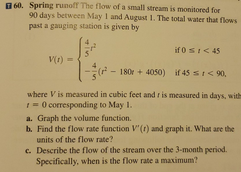 Solved T 60. Spring runoff The flow of a small stream is | Chegg.com