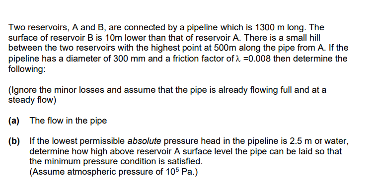 Solved Two reservoirs, A and B, ﻿are connected by a pipeline | Chegg.com