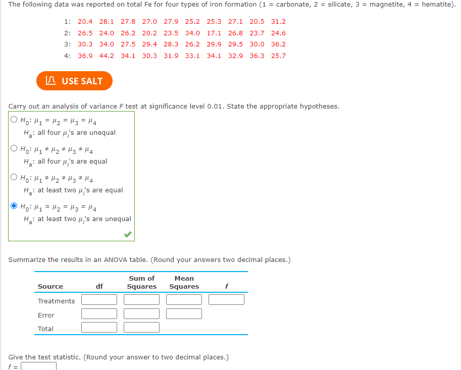 Solved The following data was reported on total Fe for four | Chegg.com