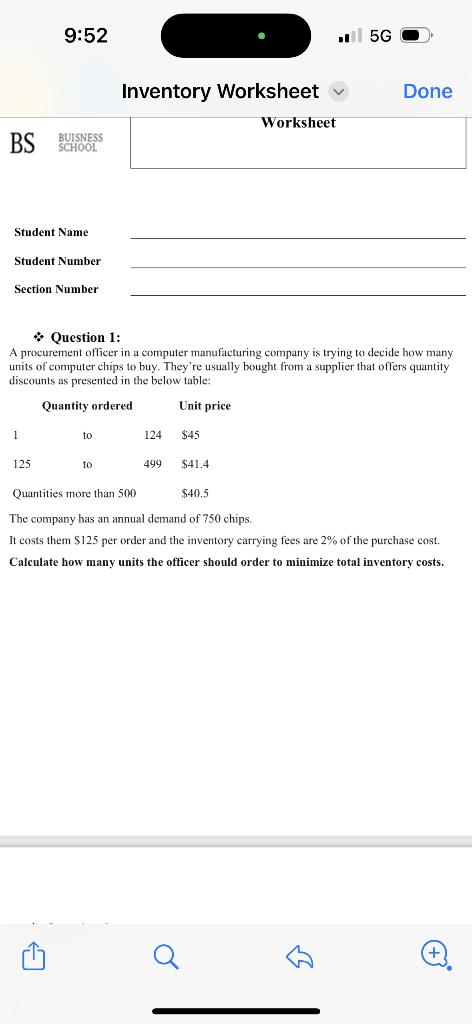 Solved Inventory Worksheet Done * Question 1: A procurement | Chegg.com