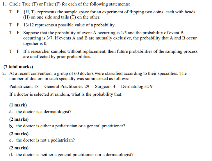 Solved 1. Circle True (T) or False (F) for each of the | Chegg.com