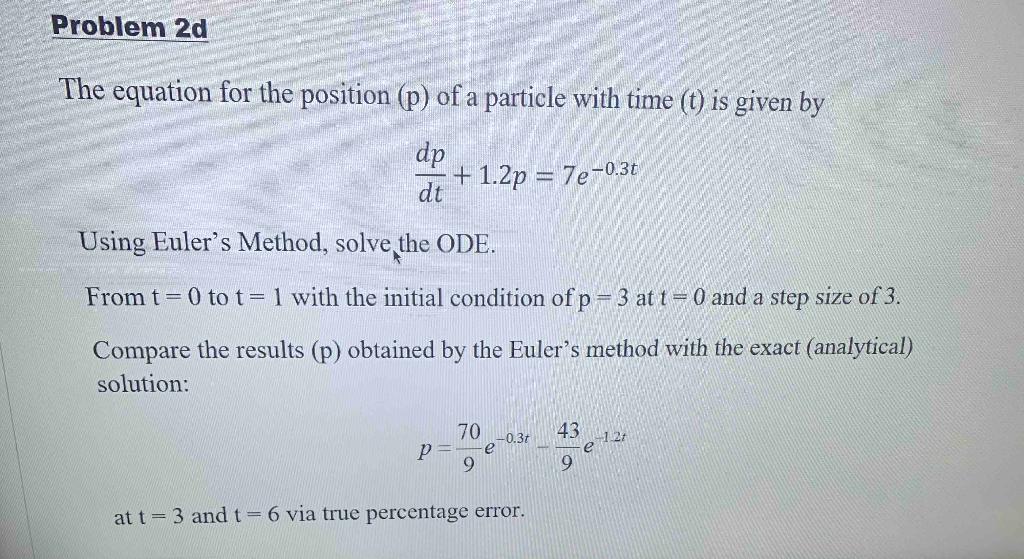 Solved Problem 2d The equation for the position (p) of a | Chegg.com