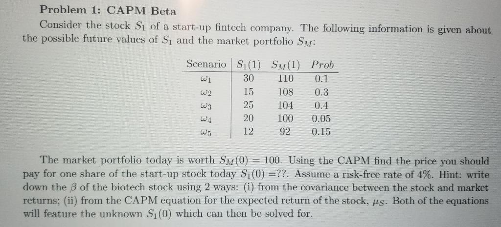 Problem 1: CAPM Beta Consider the stock Sy of a | Chegg.com
