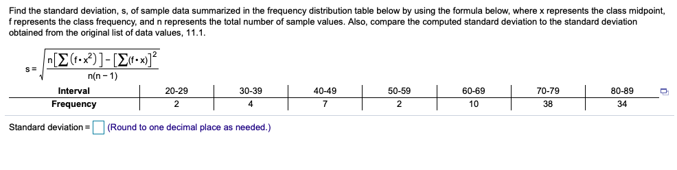 Solved Find the standard deviation, s, of sample data | Chegg.com