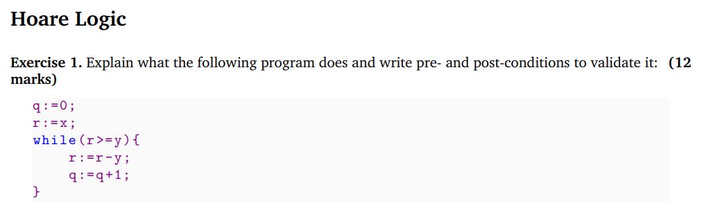 Solved Hoare Logic Exercise 1. Explain what the following | Chegg.com