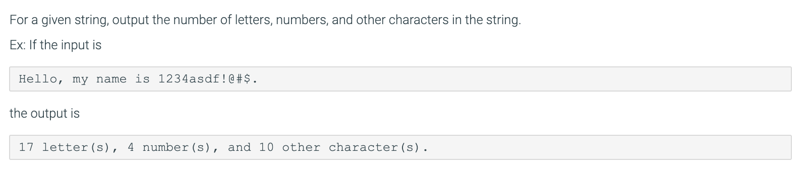 Solved For a given string, output the number of letters, | Chegg.com