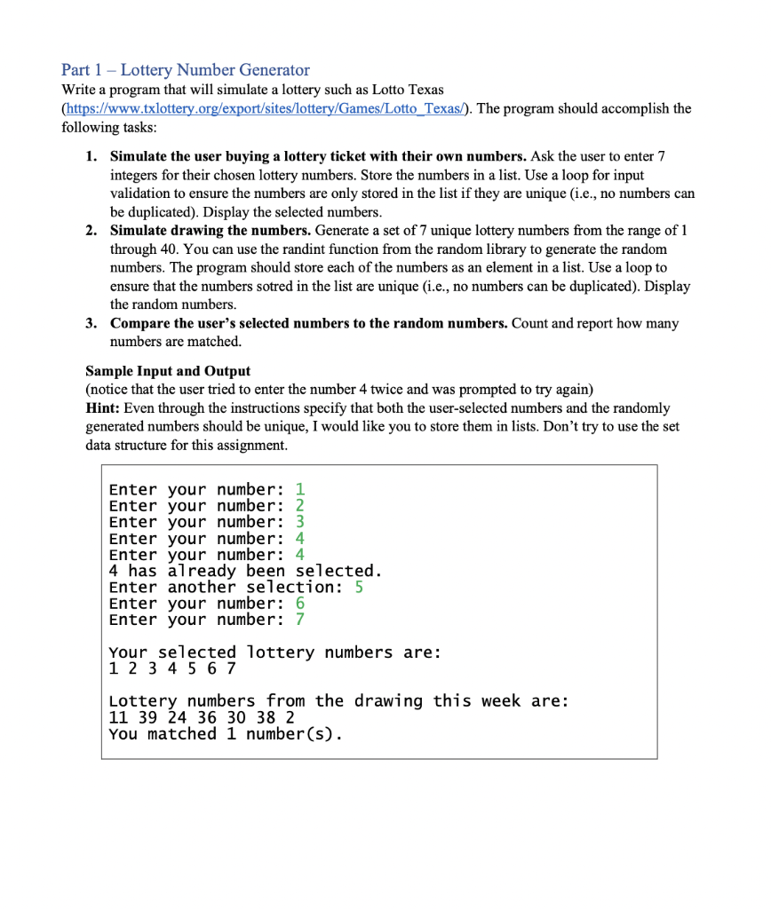 Solved Part 1 - Lottery Number Generator Write a program | Chegg.com