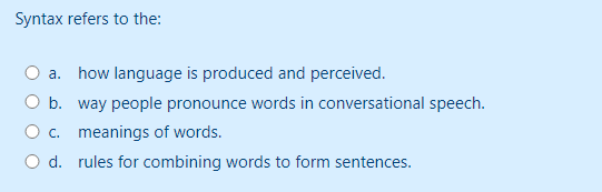 Solved Syntax refers to the: a. how language is produced and | Chegg.com