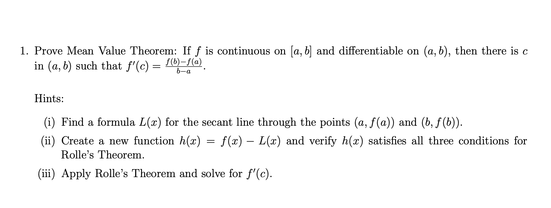 Solved 1. Prove Mean Value Theorem: If f is continuous on | Chegg.com