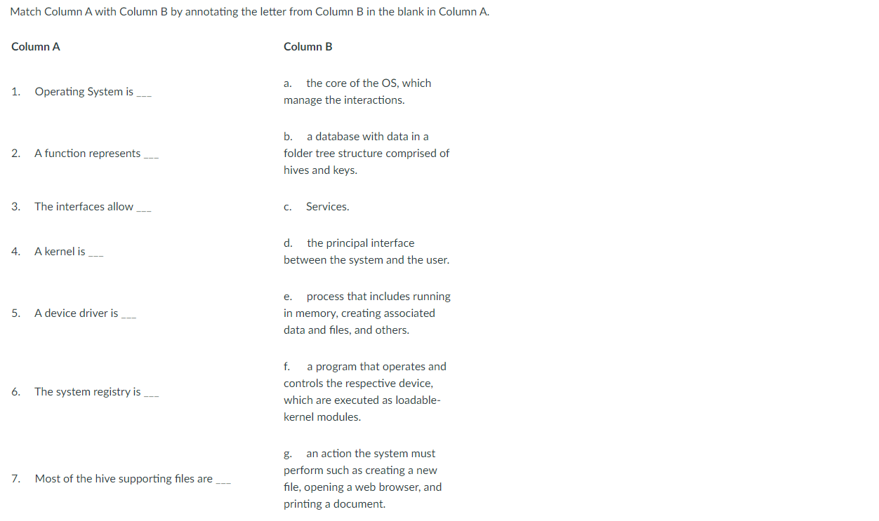Solved Match Column A with Column B bv annotating the letter | Chegg.com