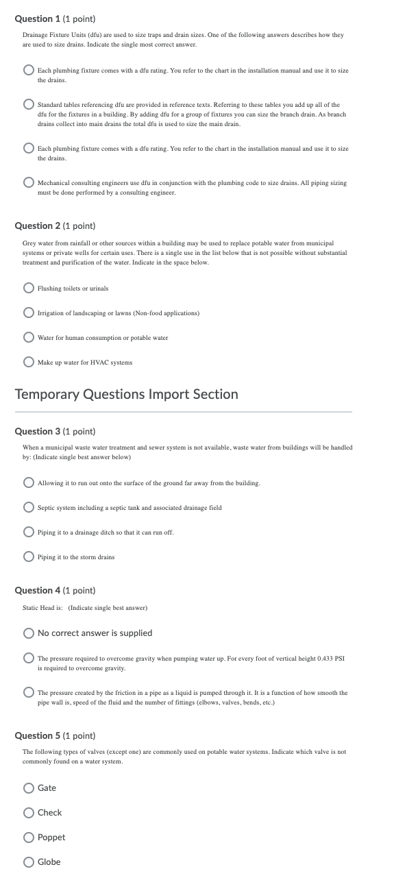 Solved Question 1 (1 point) Drainage Fixture Units (dfu) are | Chegg.com
