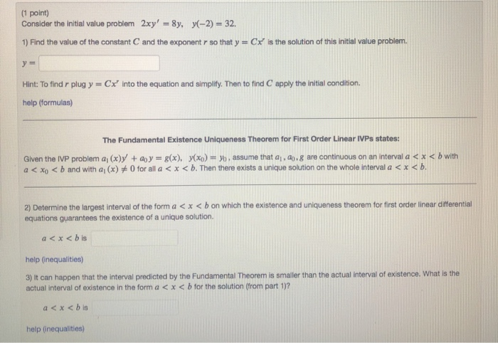 Solved (1 point) Consider the initial value problem 2xy 8y, | Chegg.com