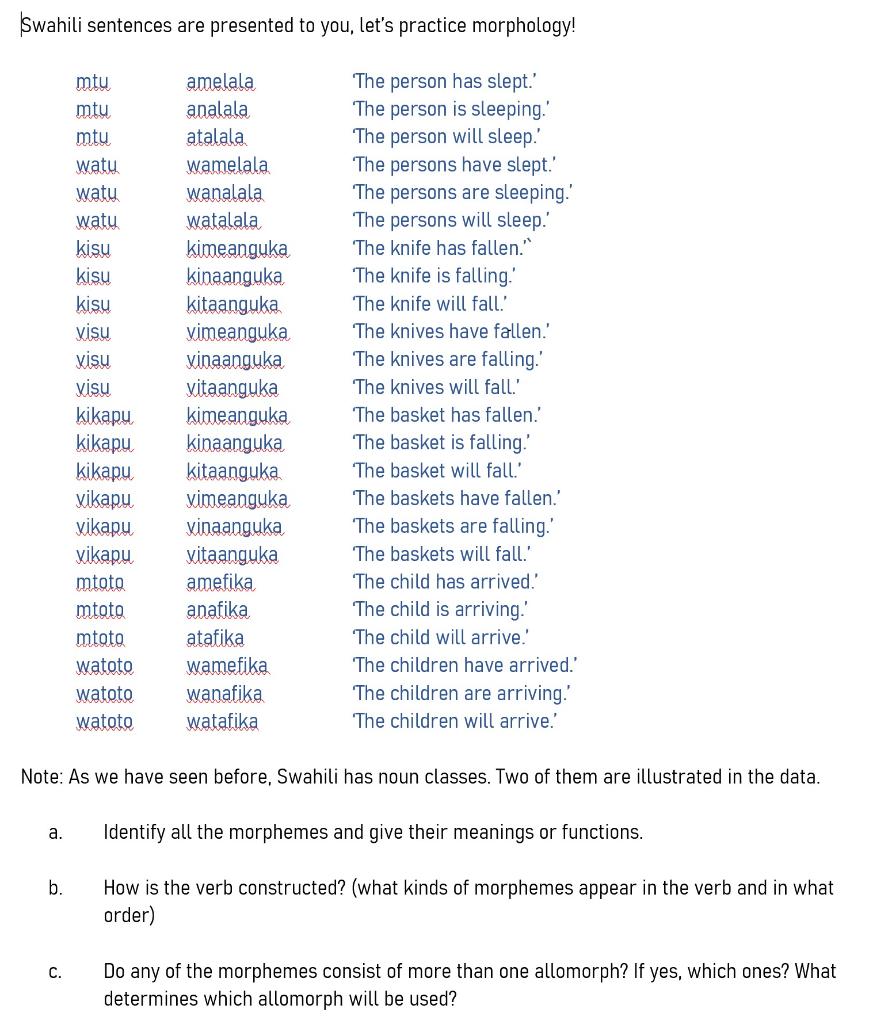 Swahili sentences are presented to you, let's | Chegg.com