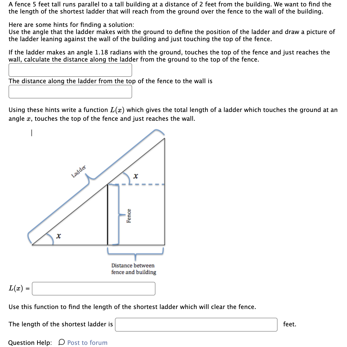 Solved A fence 5 feet tall runs parallel to a tall building | Chegg.com