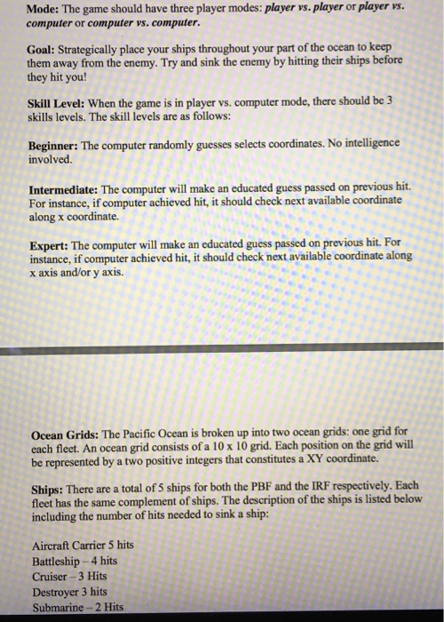 Solved Mode: The game should have three player modes: player | Chegg.com