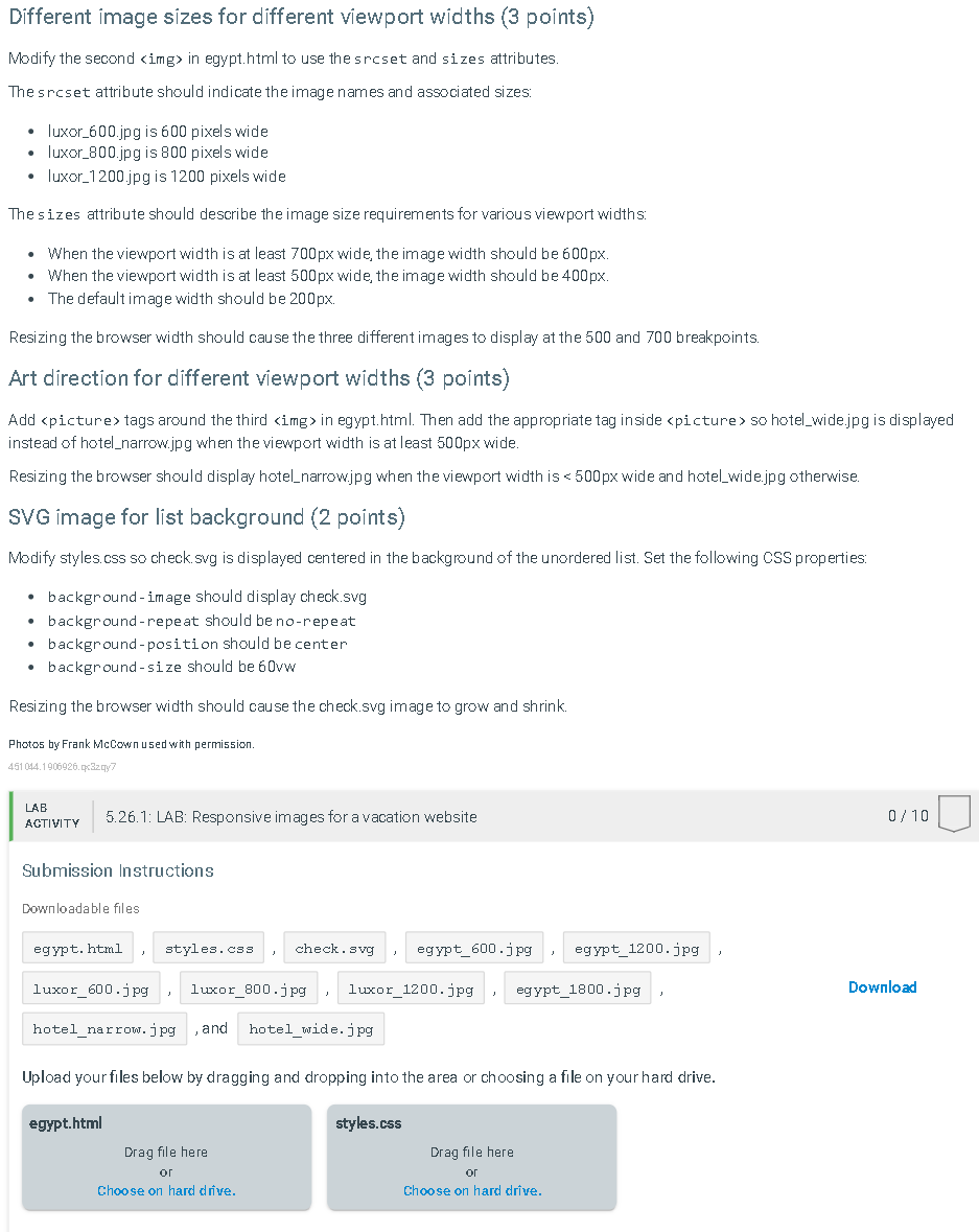 Solved 5.26 LAB: Responsive images for a vacation website In | Chegg.com