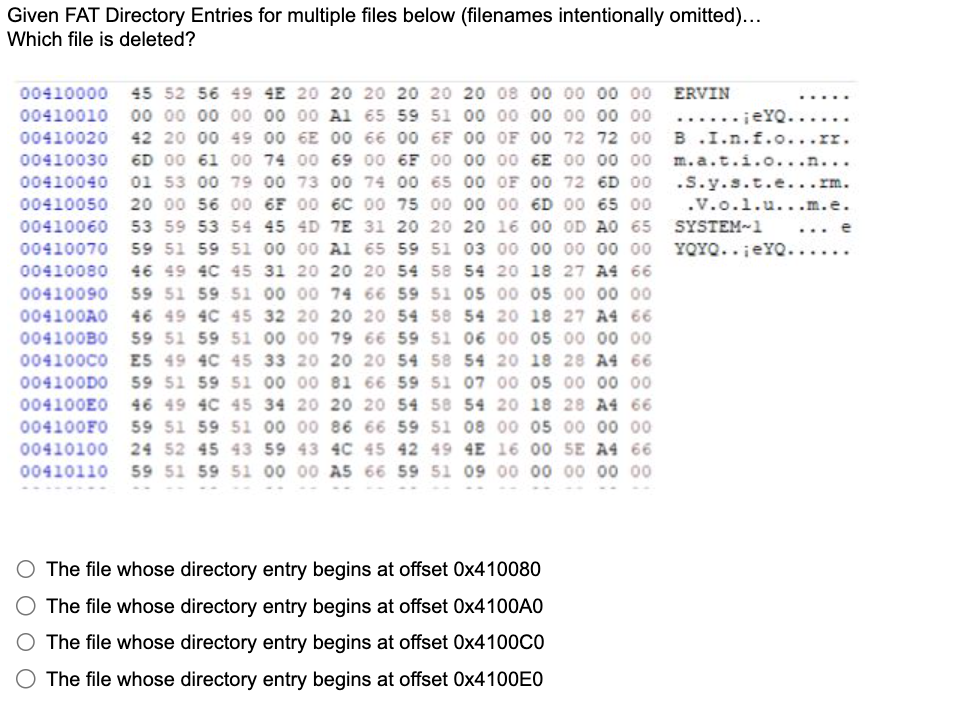 Solved Given FAT Directory Entries for multiple files below | Chegg.com