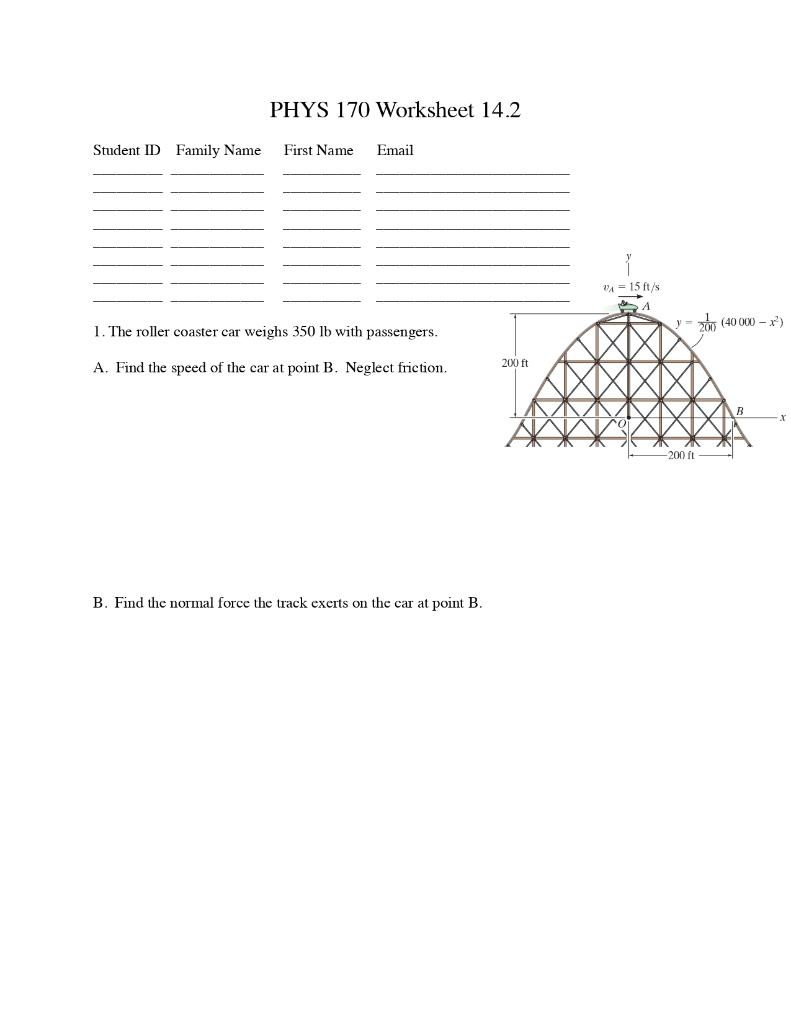 Solved PHYS 170 Worksheet 14.2 1. The roller coaster car | Chegg.com