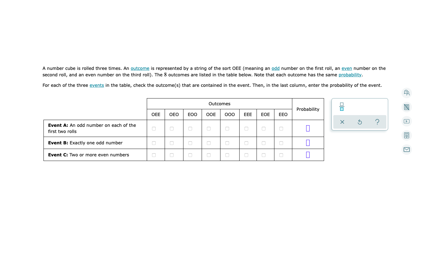 Solved A number cube is rolled three times. An outcome is | Chegg.com