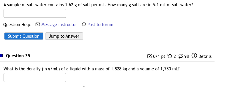 Solved A sample of salt water contains 1.62 g of salt per | Chegg.com