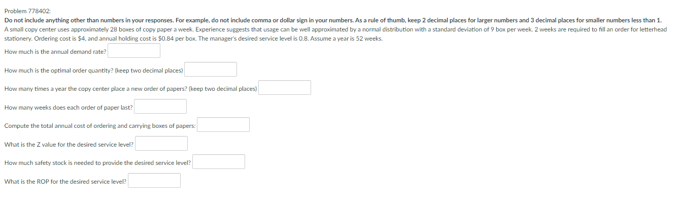 Solved Problem 778402: Do not include anything other than | Chegg.com