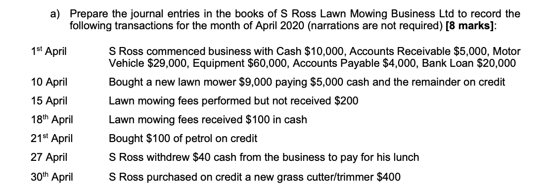 Solved a) Prepare the journal entries in the books of S Ross | Chegg.com