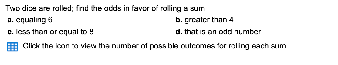 Solved Two dice are rolled; find the odds in favor of | Chegg.com