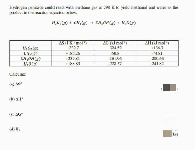 Solved Hydrogen peroxide could react with methane gas at 298 | Chegg.com