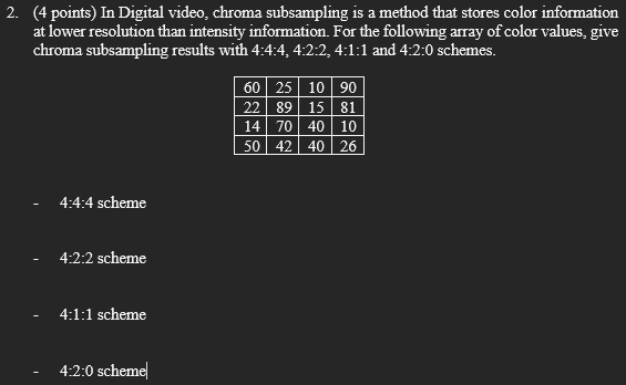 2. (4 points) In Digital video, chroma subsampling is | Chegg.com