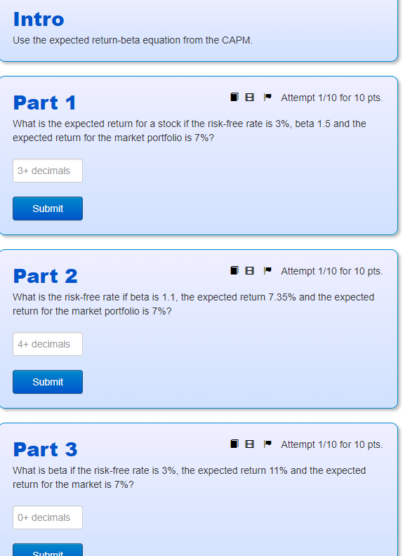 Solved Intro Use the expected return-beta equation from the | Chegg.com